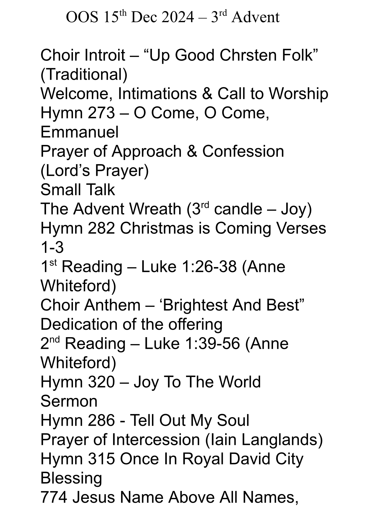 Order of Service 15th December – Bishopton Parish Church